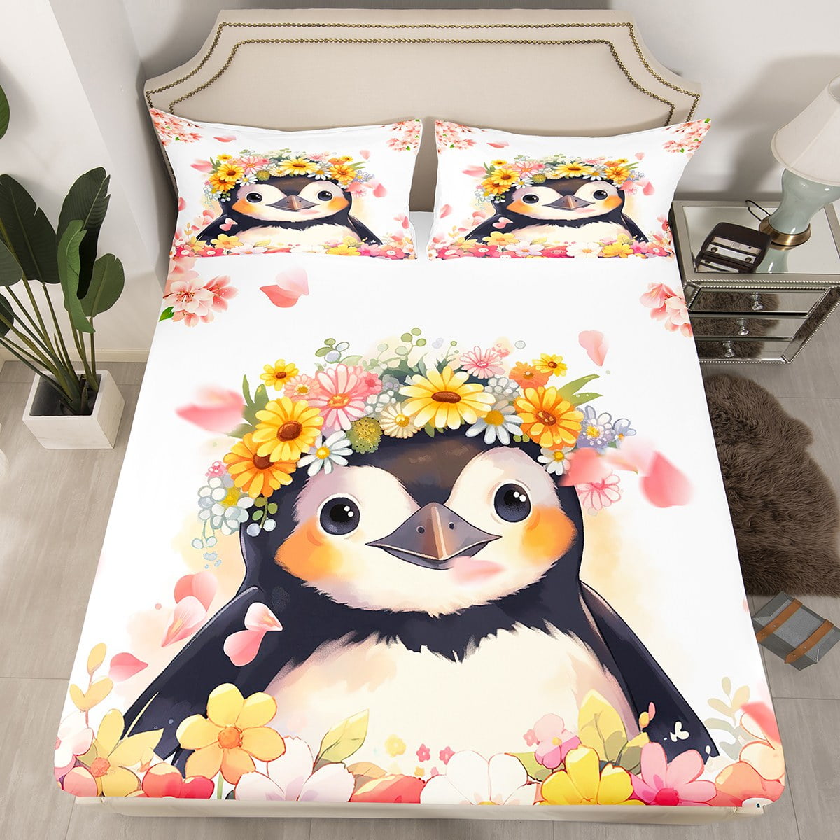 YST Penguin Bed Set for Kids Girls Bedroom,Floral Pink Yellow Flowers ...