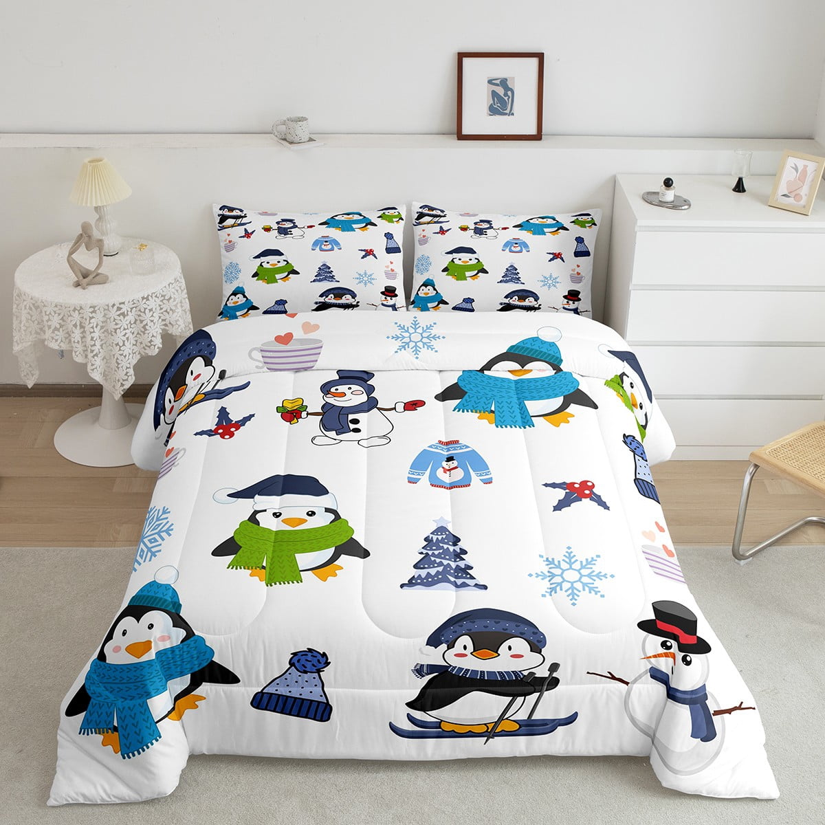 Penguin Comforter Set,Cartoon Cute Antarctic Penguins Illustration Full ...