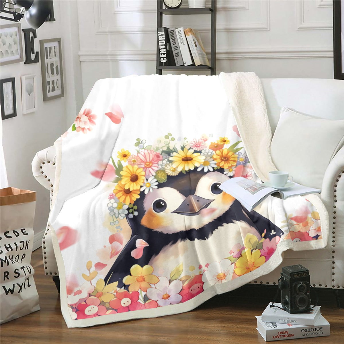 Penguin Fuzzy Blanket 40"X50 Bedroom,Floral Pink Yellow Flowers Throw ...