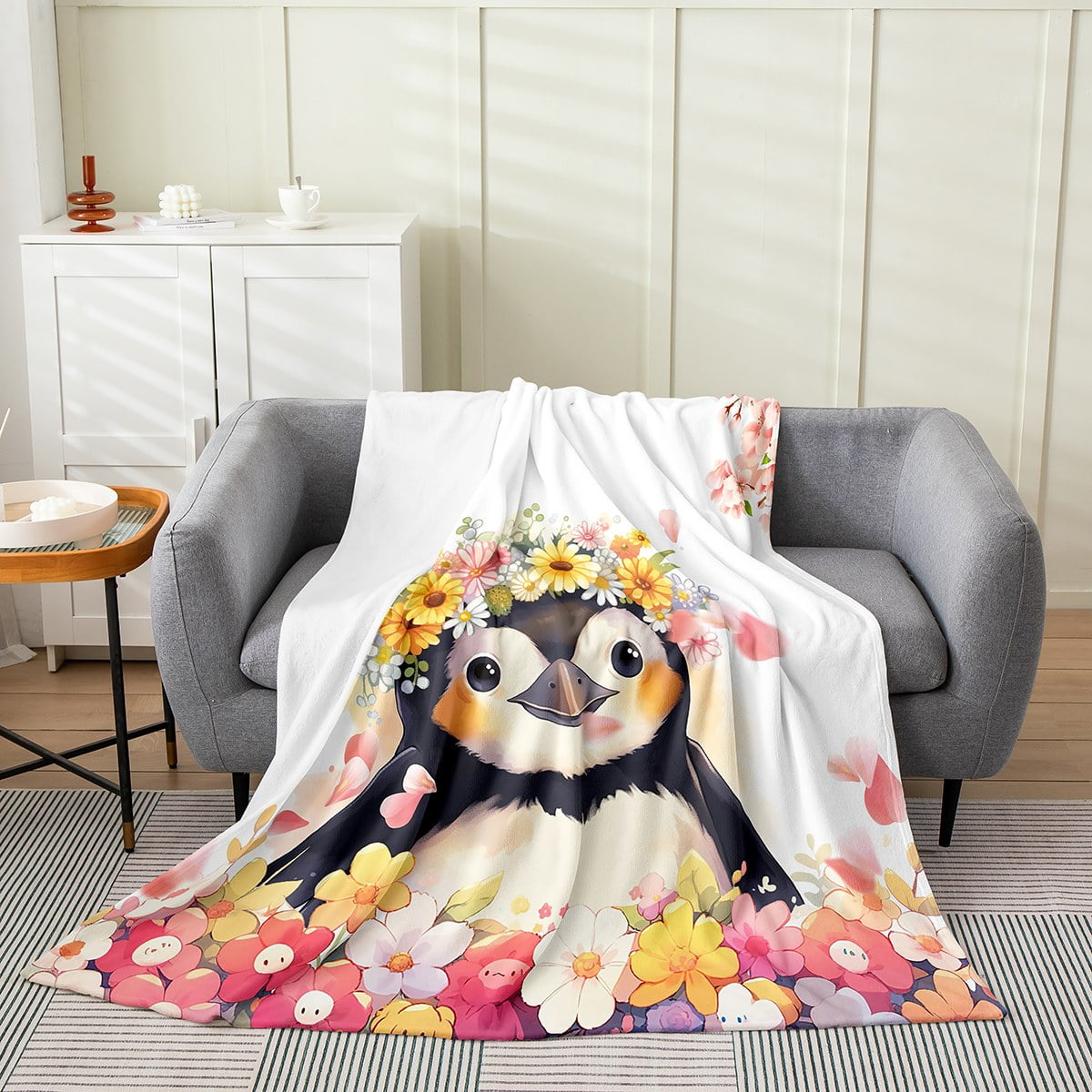 Penguin Throw Blanket Twin 60x80 inch Watercolor Daisy Fleece Blanket ...