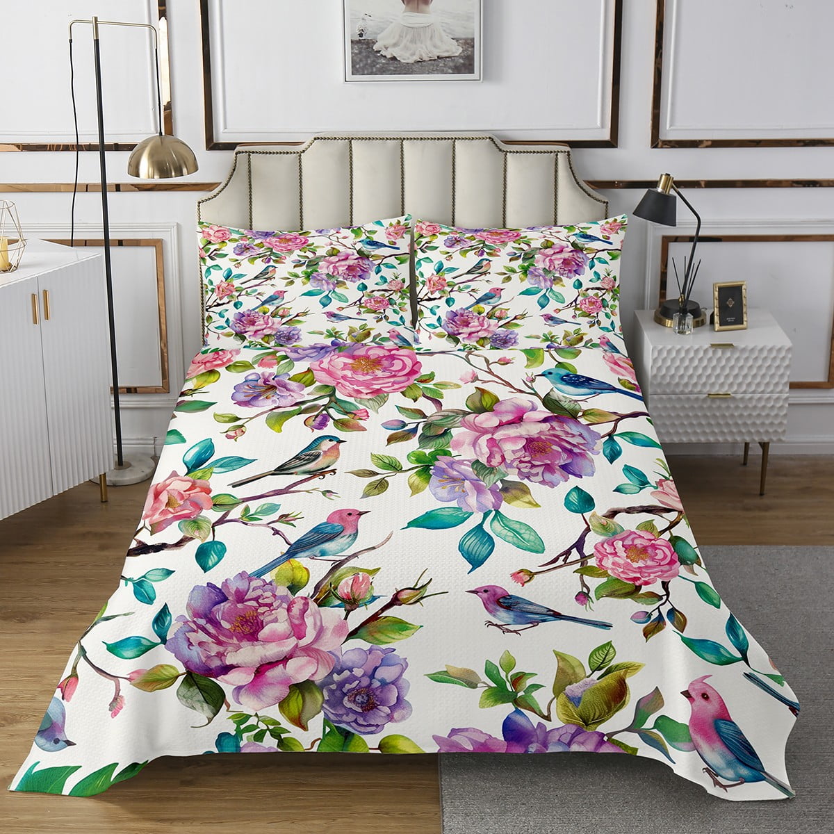 YST Peony Coverlet Set,Pink Purple Floral Queen Bedspread Set,Cute Birds Animal Bedspread Quilt ...