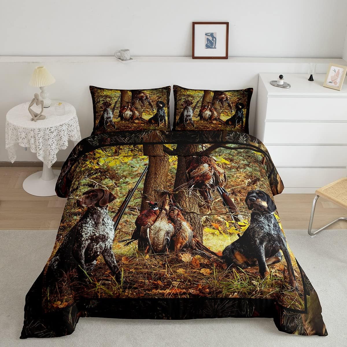 YST Pheasant Hunting Comforter Set Full Size Black Dog Bedding Set Boho ...