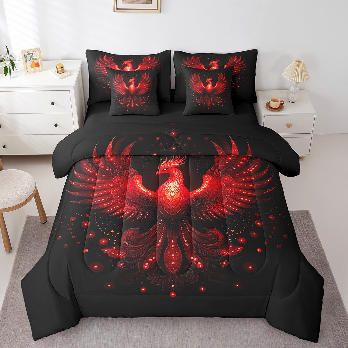 YST Phoenix Bed Set Twin Size 7pcs Bed in a Bag, Chinesw Style Fire ...