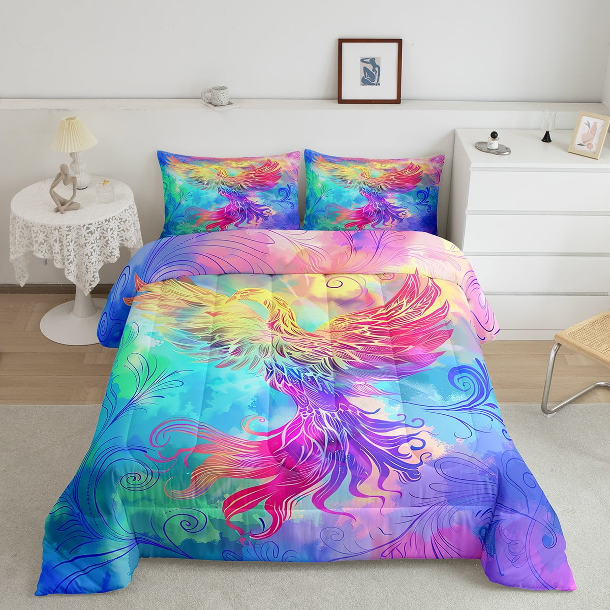 YST Phoenix Comforter Set Queen Colorful Magic Bird Bedding,Watercolor ...
