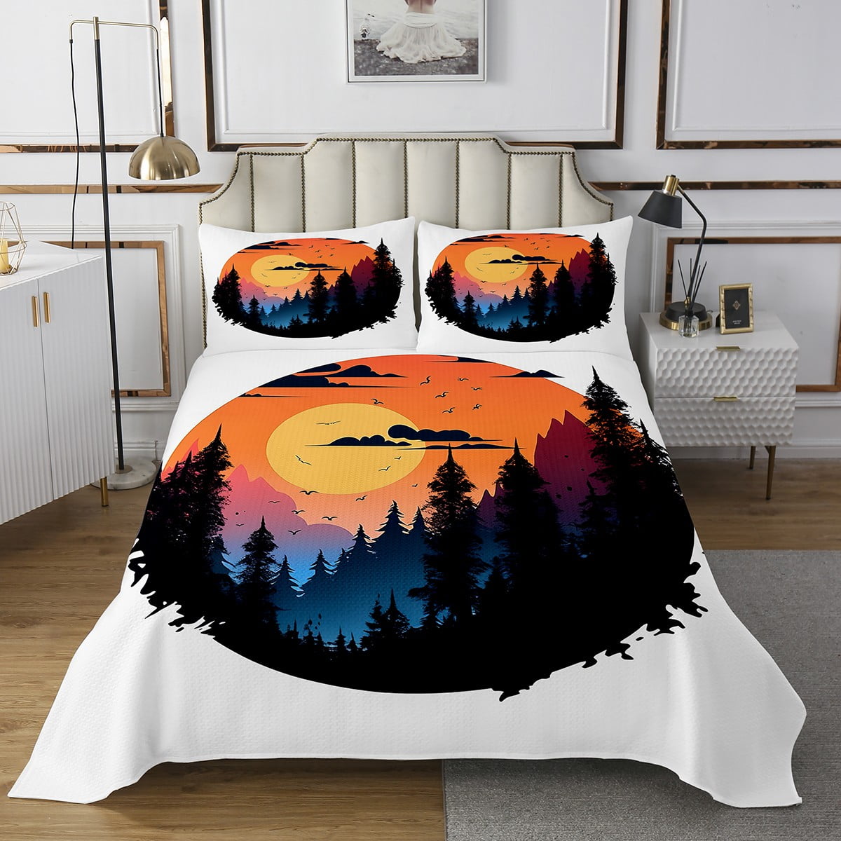 YST Pine Trees Bed Set Watercolor Landscape Theme Bedspread Set For ...