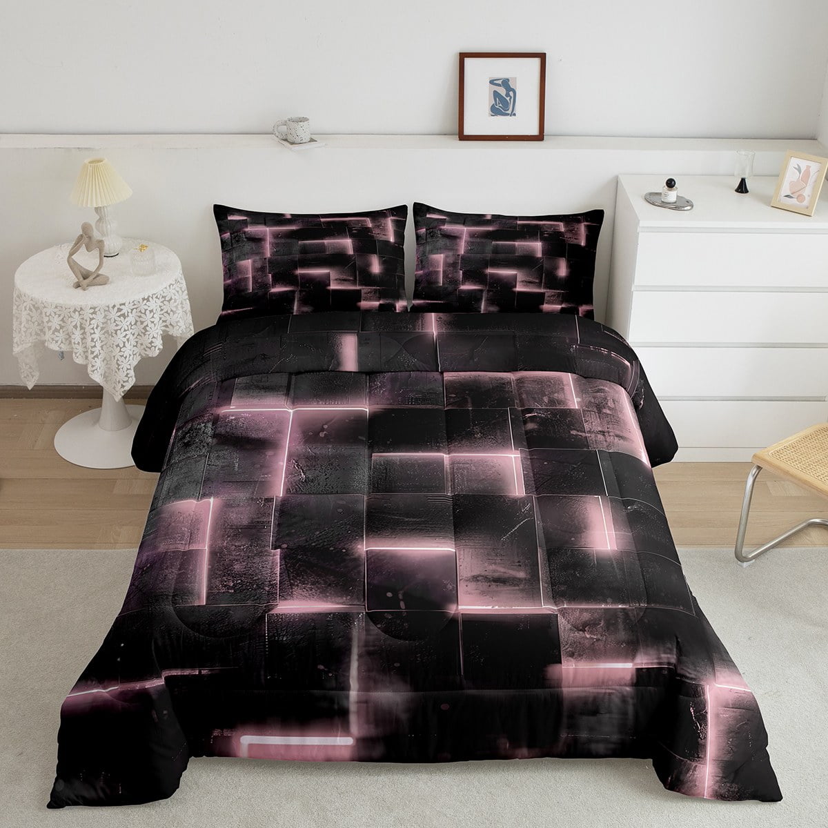 YST Pink and Black Comforter Set Full,3D Geometric Checkered Bedding ...