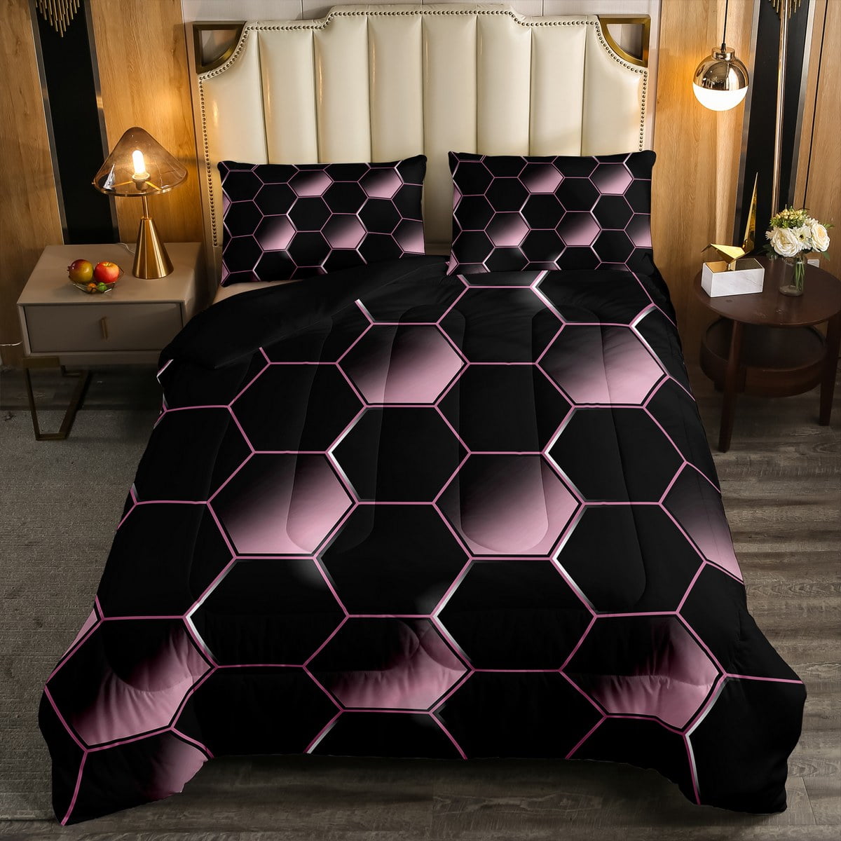 Pink Black Ombre Comforter Set King, Geometry Honeycomb Bedding Beehive ...