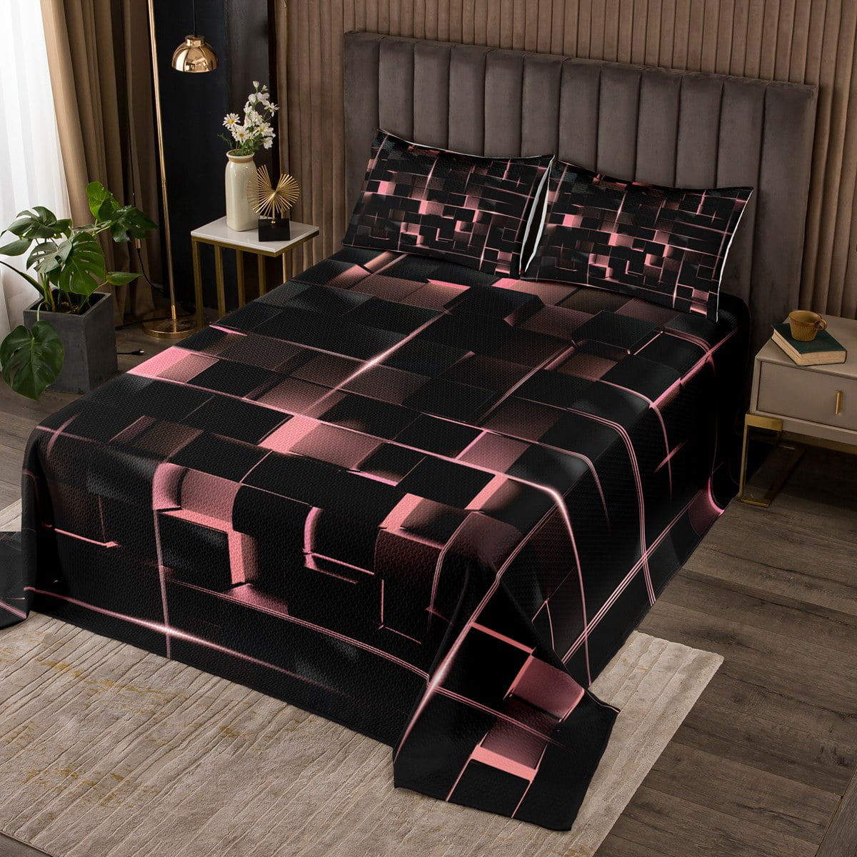 Erosebridal Pink Black Pastel Quilt Set, Geometric Neon Square ...
