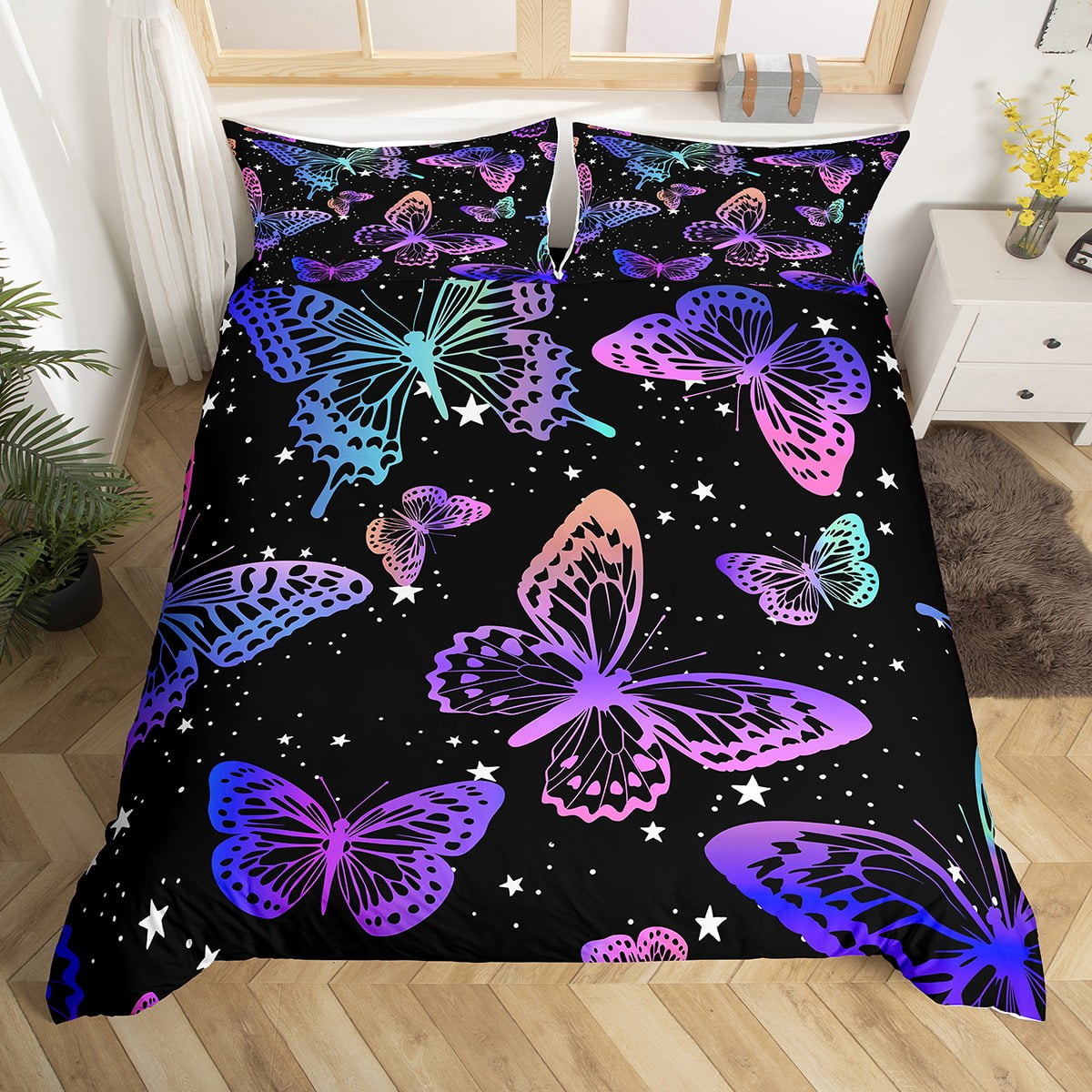Pink Blue Butterfly Bed Set Chic Cute Animal Duvet Cover, Sparkling ...