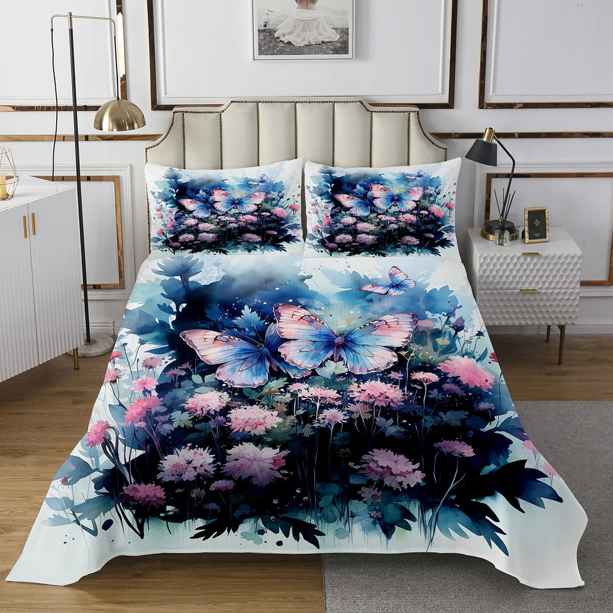 YST Pink Blue Butterfly Bedspread Set Pink Hydrangea Queen Quilt Set ...