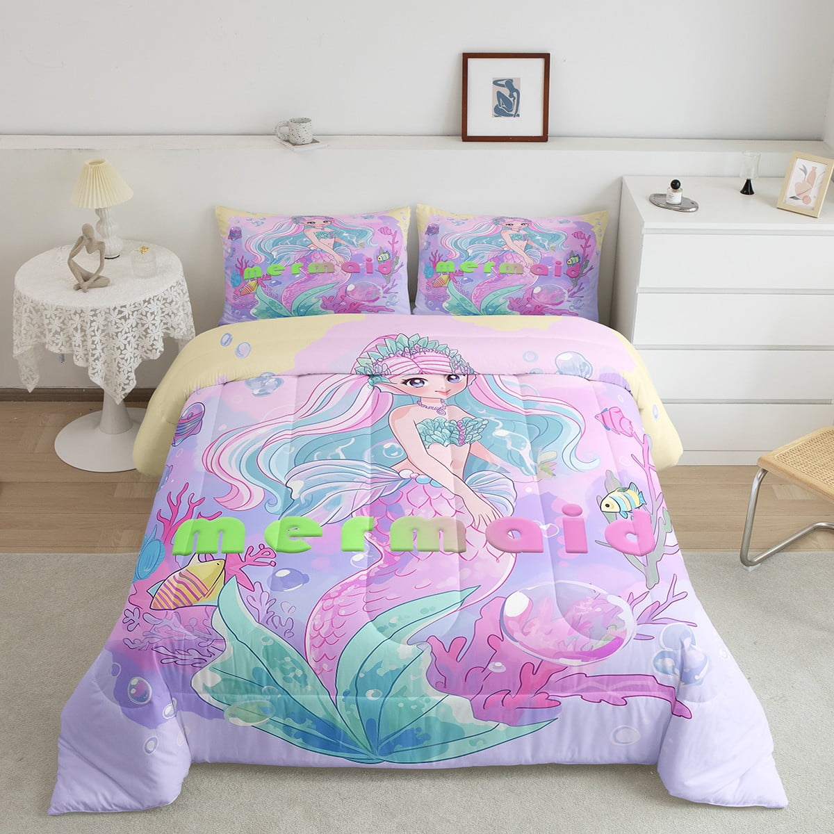 YST Pink Blue Mermaid Twin Comforter Set Kids Pink Princess Bedding ...