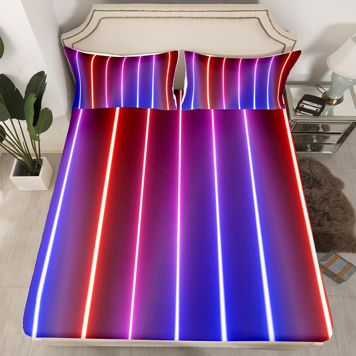 Erosebridal Pink Blue Red Fitted Sheet Full Ombre Abstract Bedding Set Women Men,Neon Stripe ...