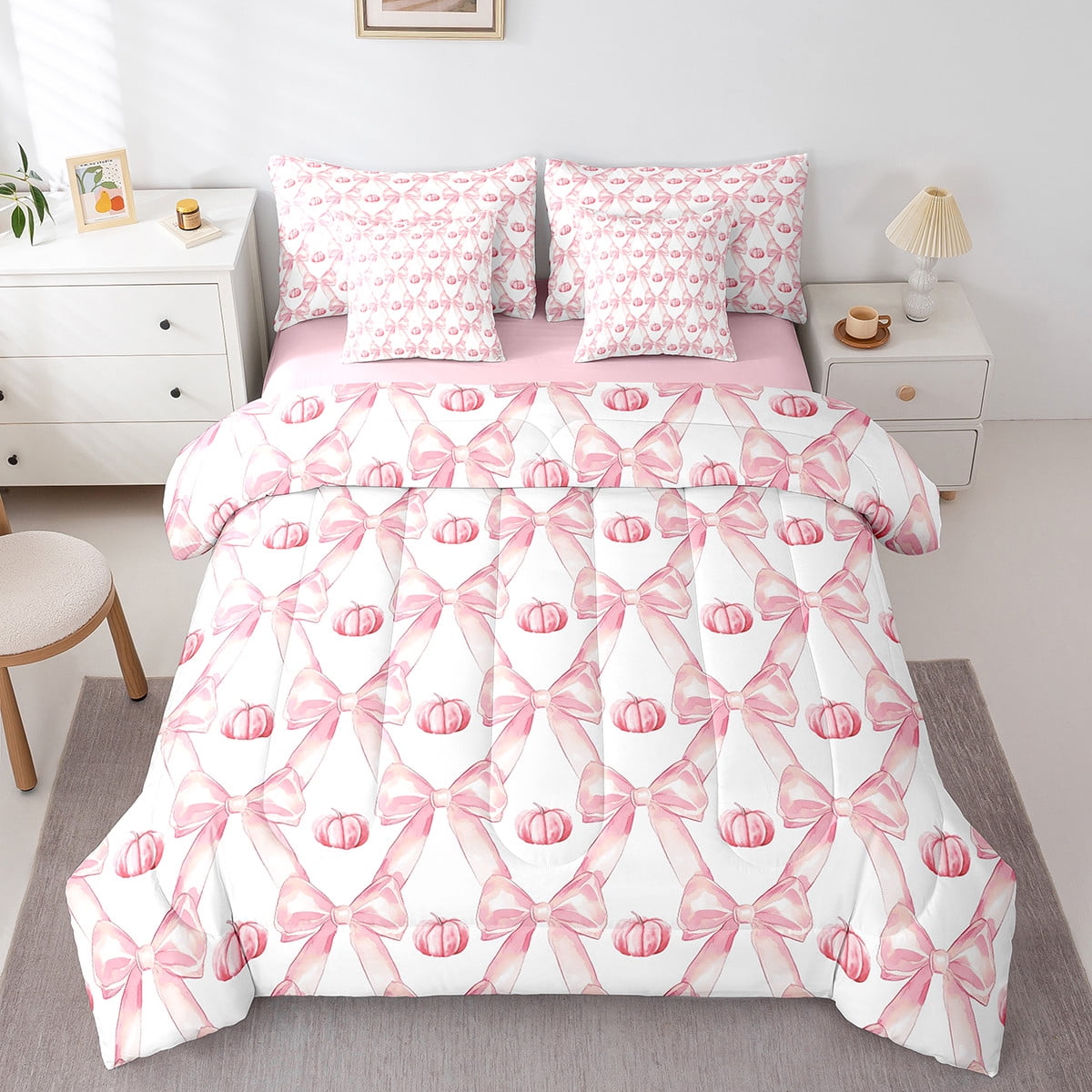 YST Pink Bow Bedding Set,Cute Fall Pumpkin Girls King Comforter Set 7 ...