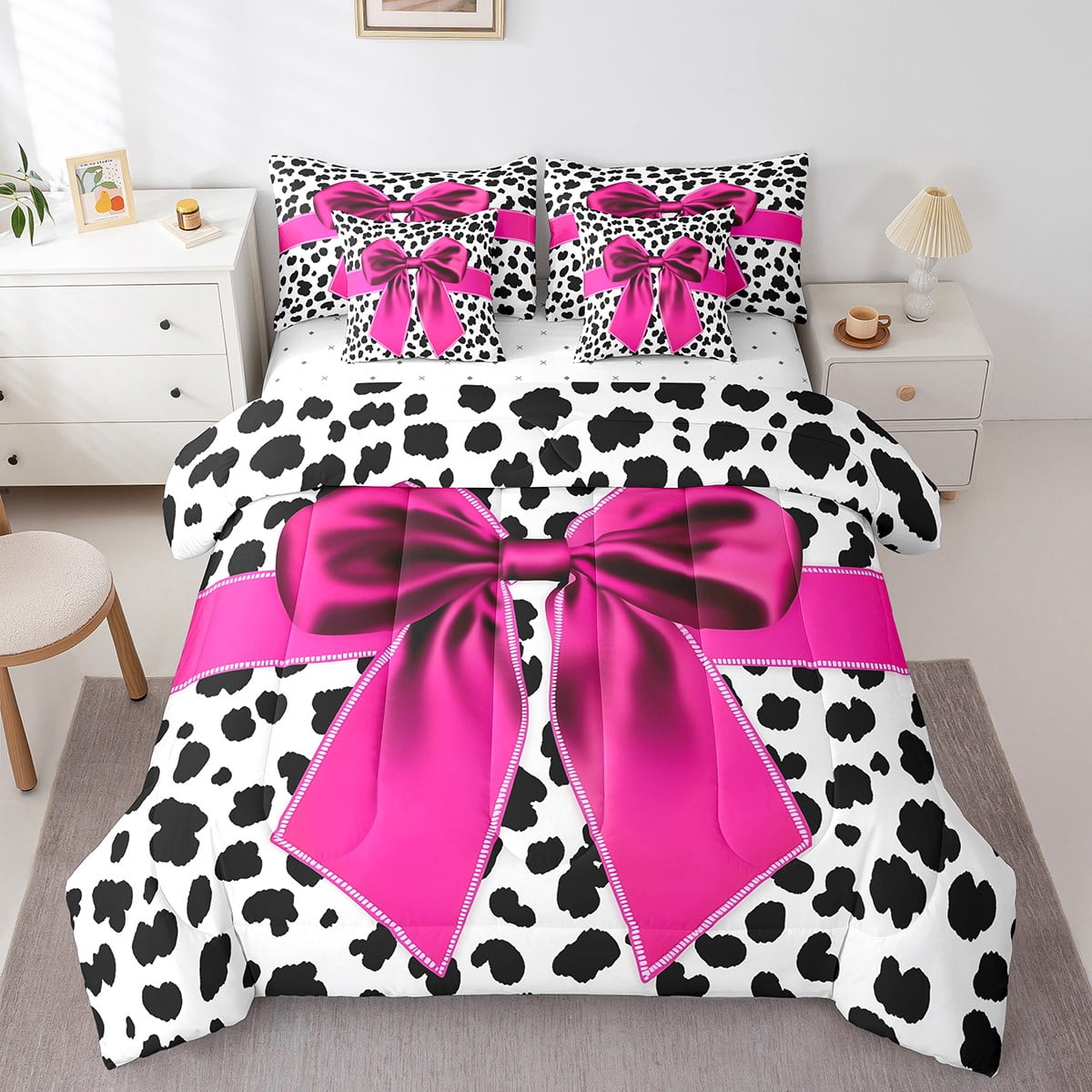 Pink Bow Knot Bedding Set Twin Size, Cowhide Print Bows Soft Comforter ...