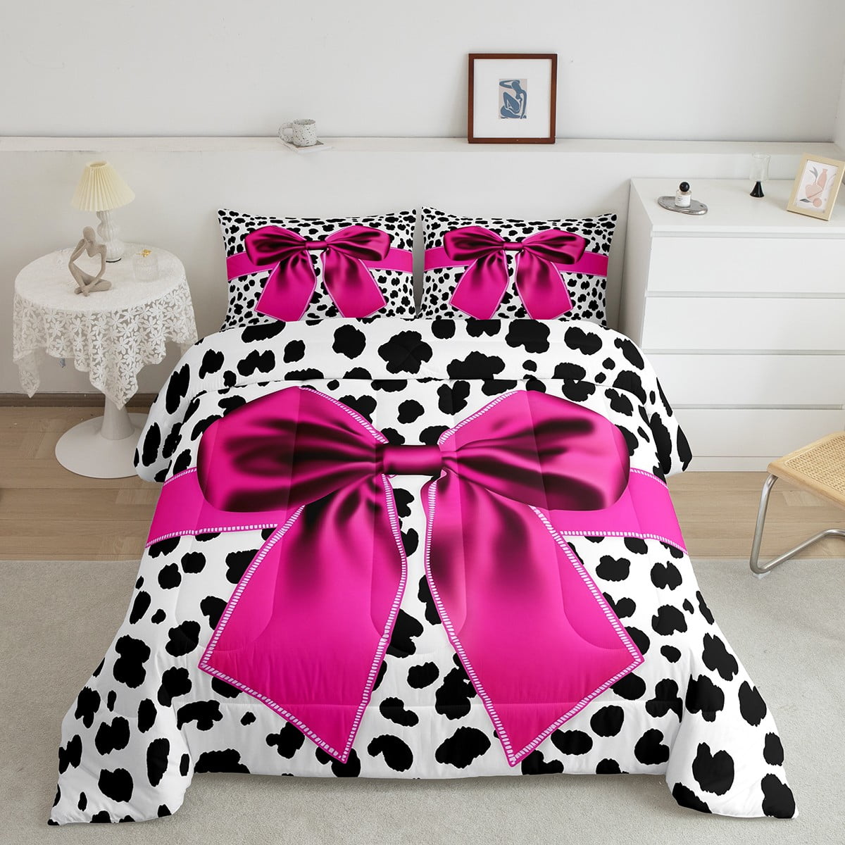 Pink Bow Knot Bedding Set, Cowhide Print Bows Soft Microfiber Bed Set ...