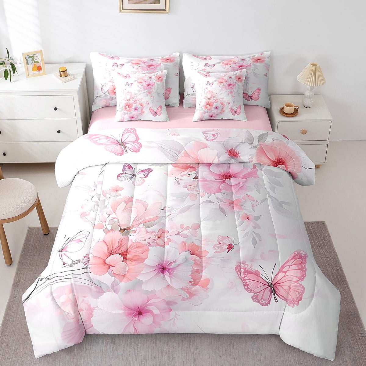 Pink Butterfly Bed in a Bag Twin Comforter Set 7 Piece,Girly Romantic ...