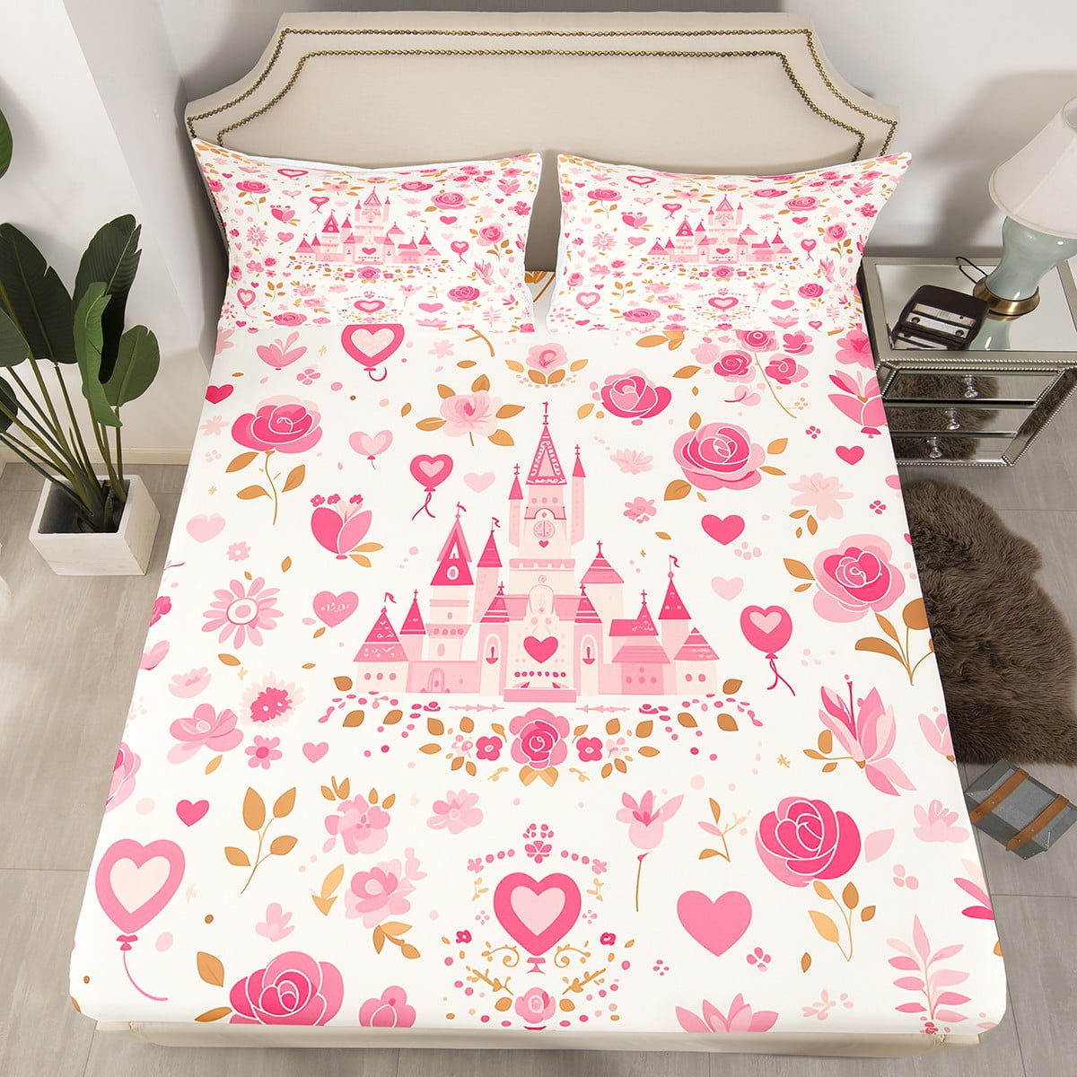 YST Pink Castle Fitted Sheet Girly Princess Bed Sheets Twin,Cute Rose ...