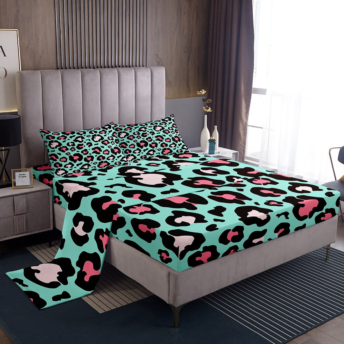 YST Pink Cheetah Print Full Sheets Teal Animal Print Bed Set, Safari ...
