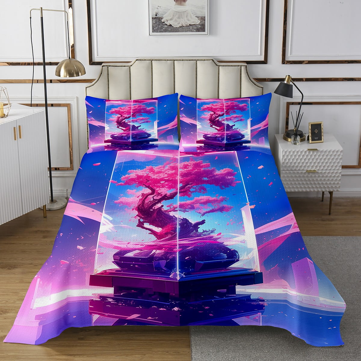 YST Pink Cherry Blossom King Bedspread for Kids Girls,Japanese Style ...