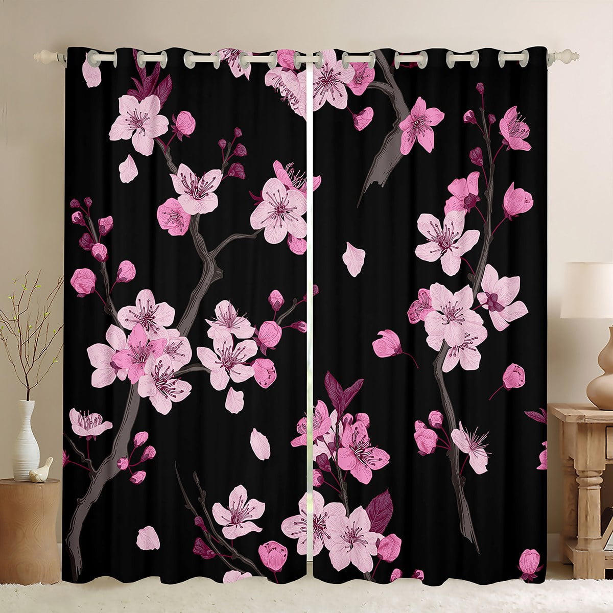 Pink Cherry Blossoms Curtains & Drapes Sakura Flower Curtains, Black ...