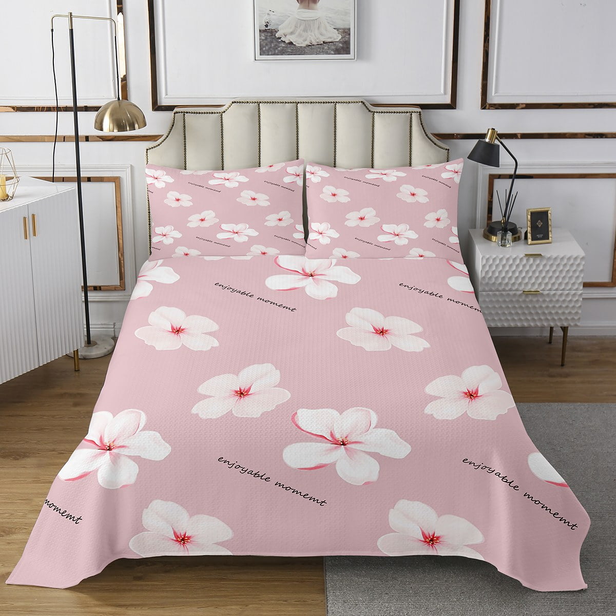 YST Pink Cherry Blossoms Quilt Set for Girls Flower Bedspread Set ...