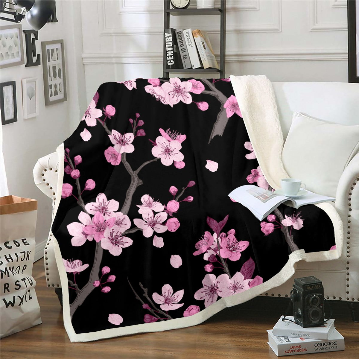 Pink Cherry Blossoms Sherpa Blanket Sakura Flower Blanket, Black and ...