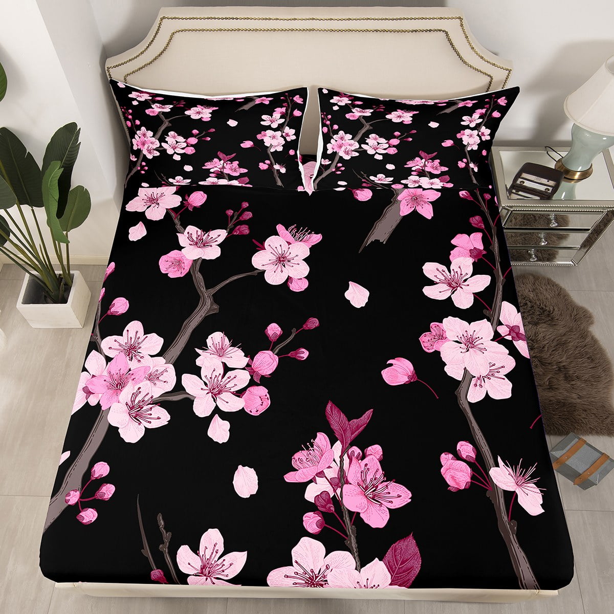YST Pink Cherry Blossoms Twin Fitted Sheet Sakura Flower Sheets, Black ...
