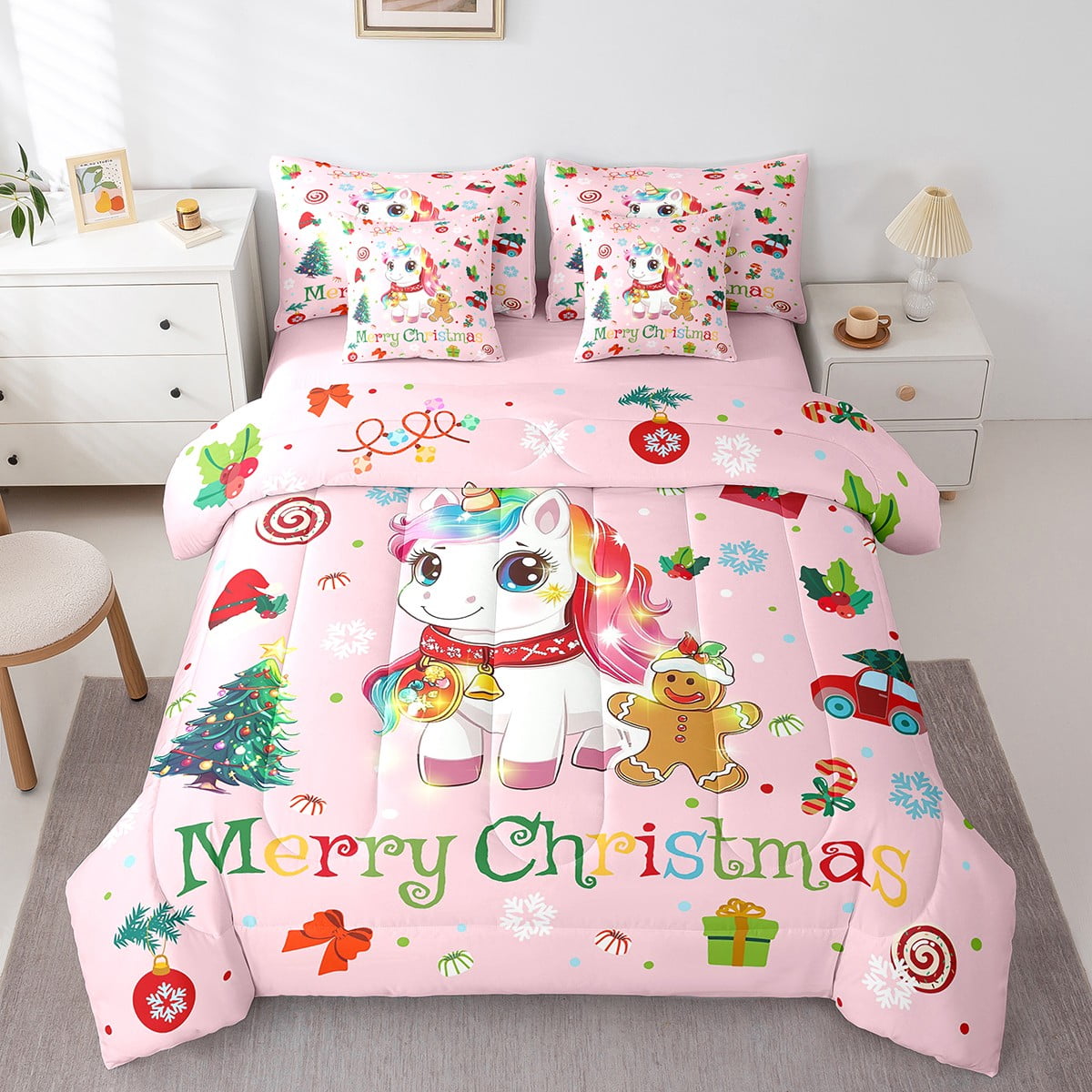 YST Pink Christmas 7 Piece Comforter Set King Kawaii Unicorn Bed In A Bag With Sheet Set For ...