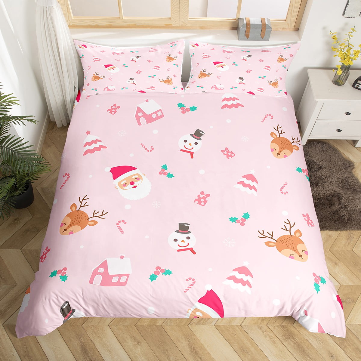 YST Pink Christmas Comforter Cover For Girls King,Cute Xmas Deer Santa ...