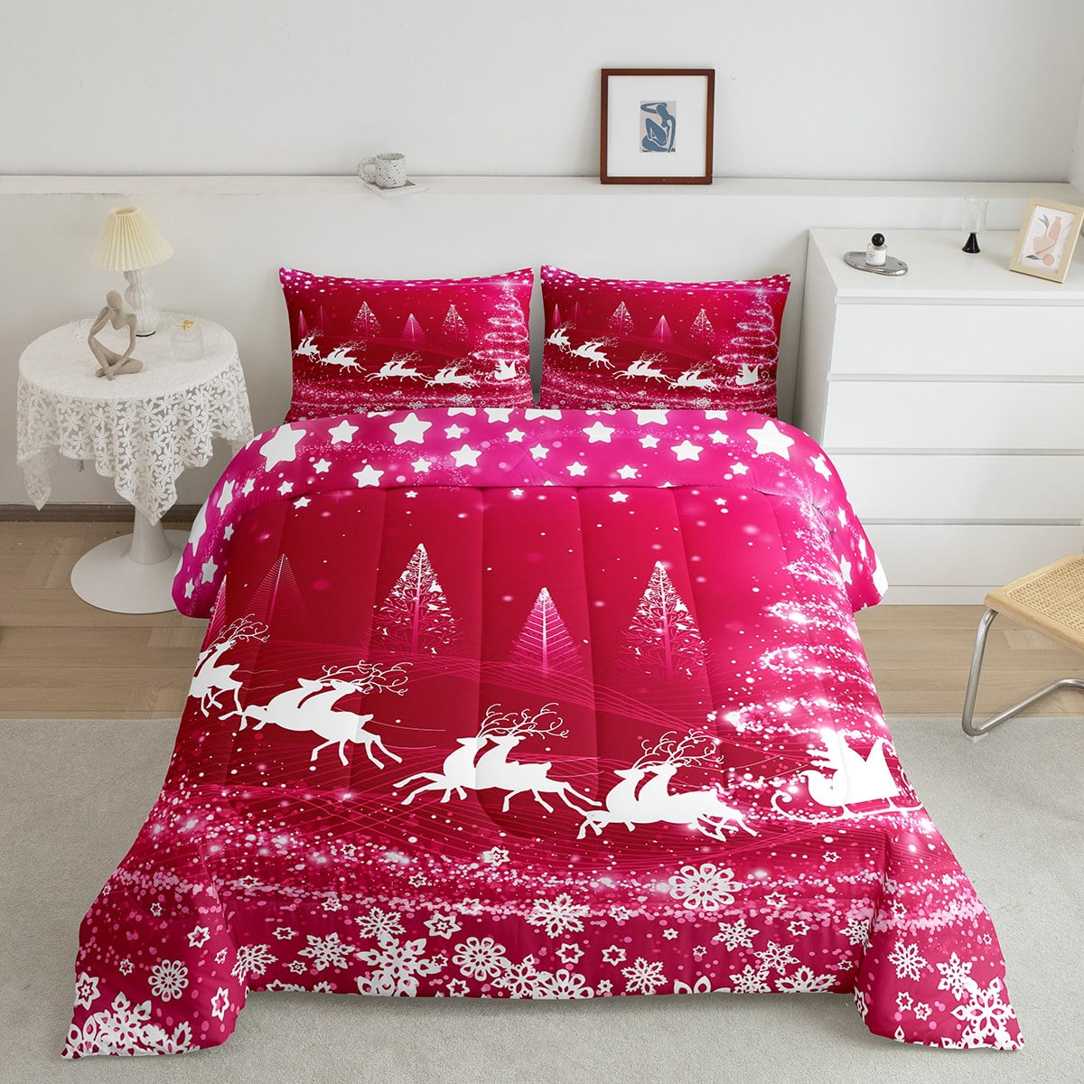 Pink Christmas Comforter Full Xmas Reindeer Santa Claus Snowflake ...