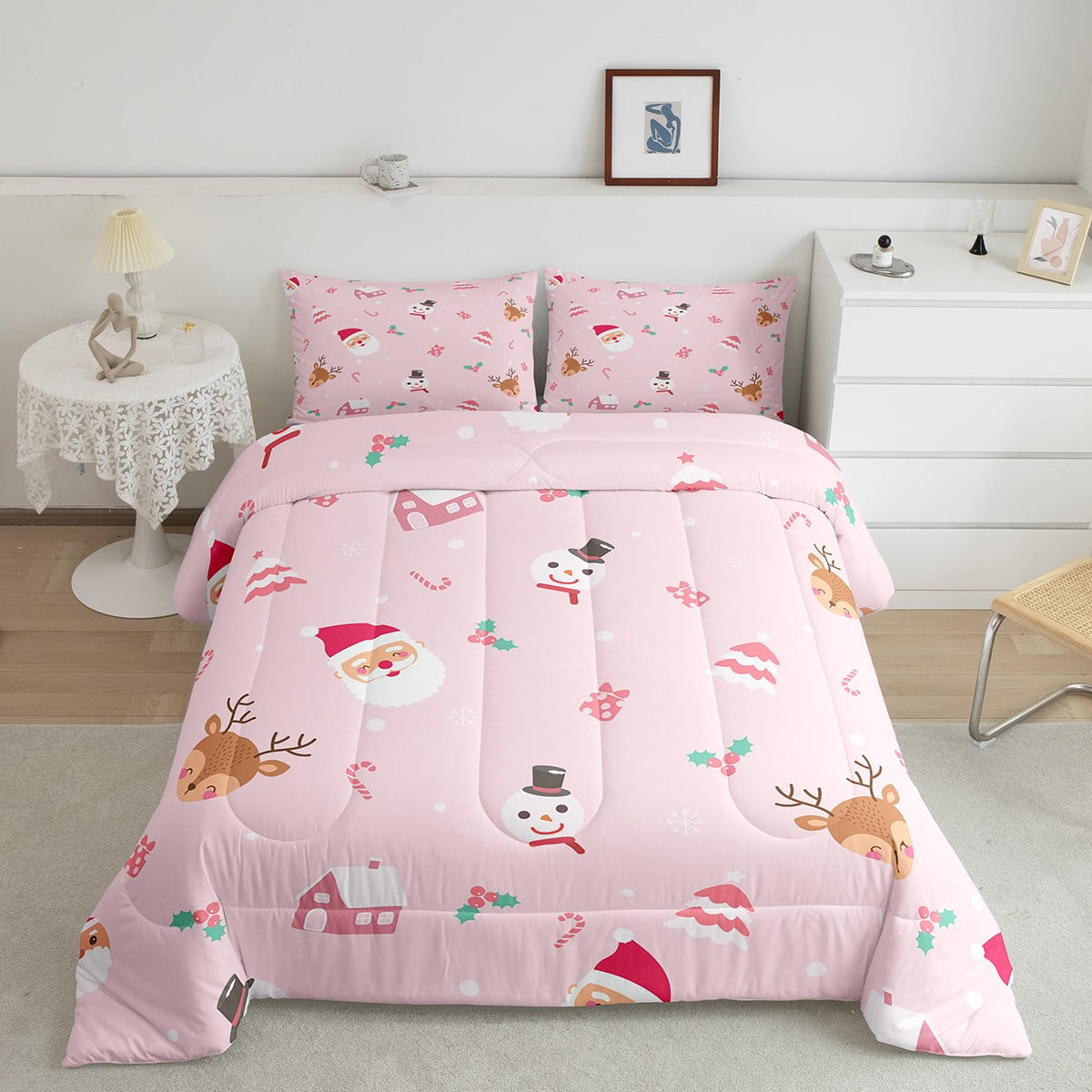 YST Pink Christmas Comforter Set For Girls Queen,Cute Xmas Deer Santa ...