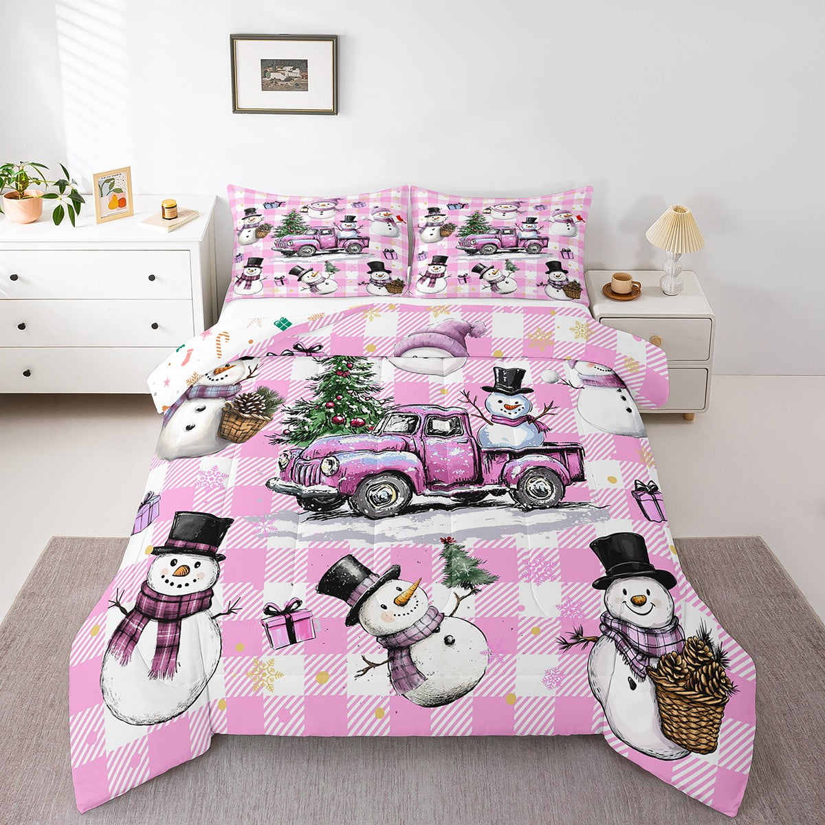 YST Pink Christmas Comforter Set Toddler Cute Buffalo Plaid Snowman ...