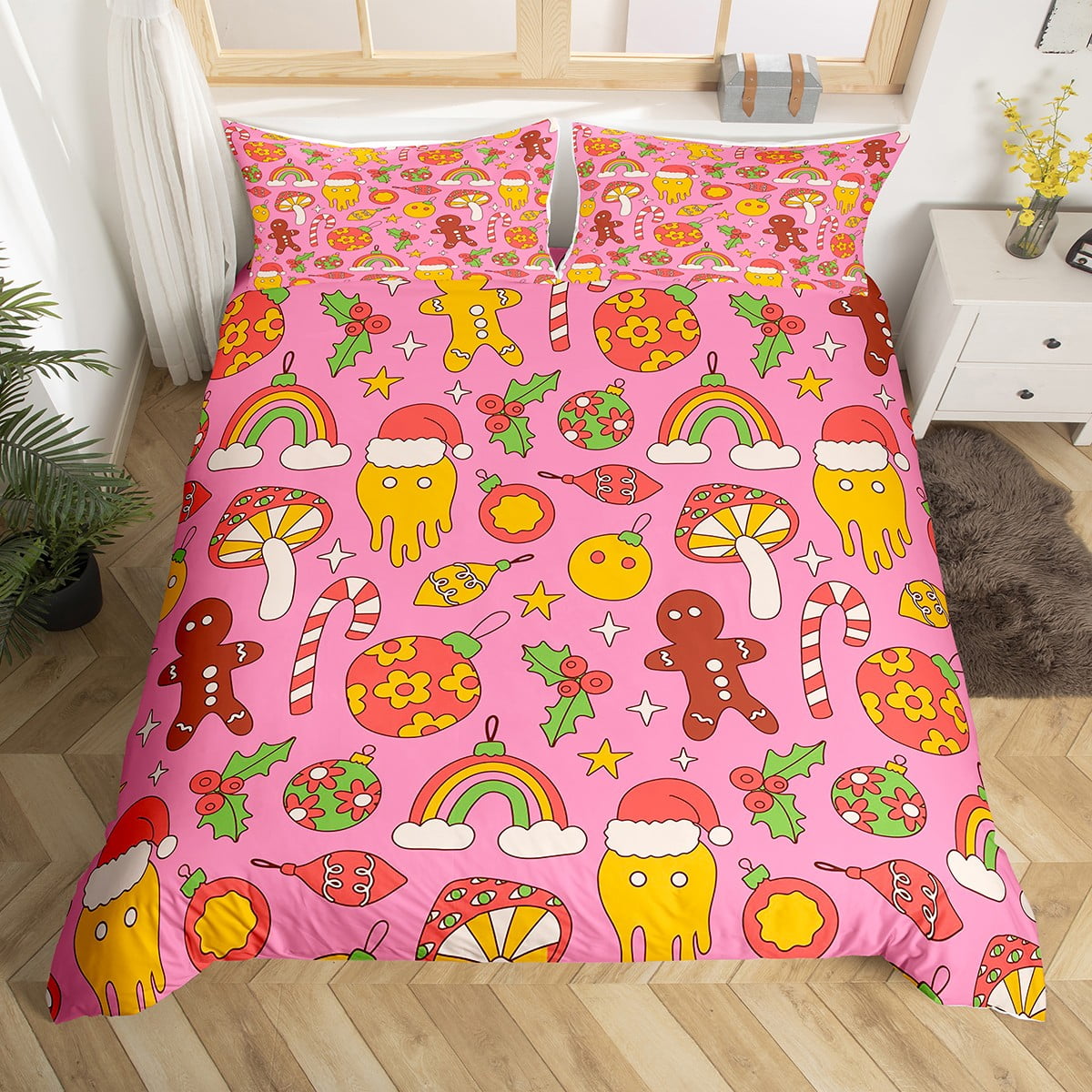 Pink Christmas Duvet Cover King Hippie Mushroom Bedding Set, Xmas Gifts ...