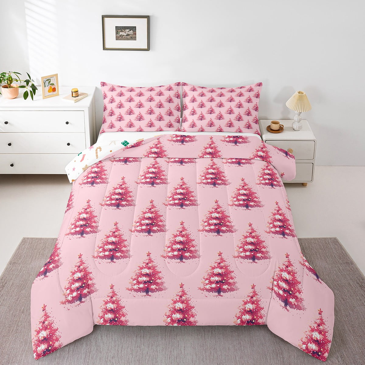 Pink Christmas Comforter Set Queen Watercolor Xmas Tree Bedding Set ...