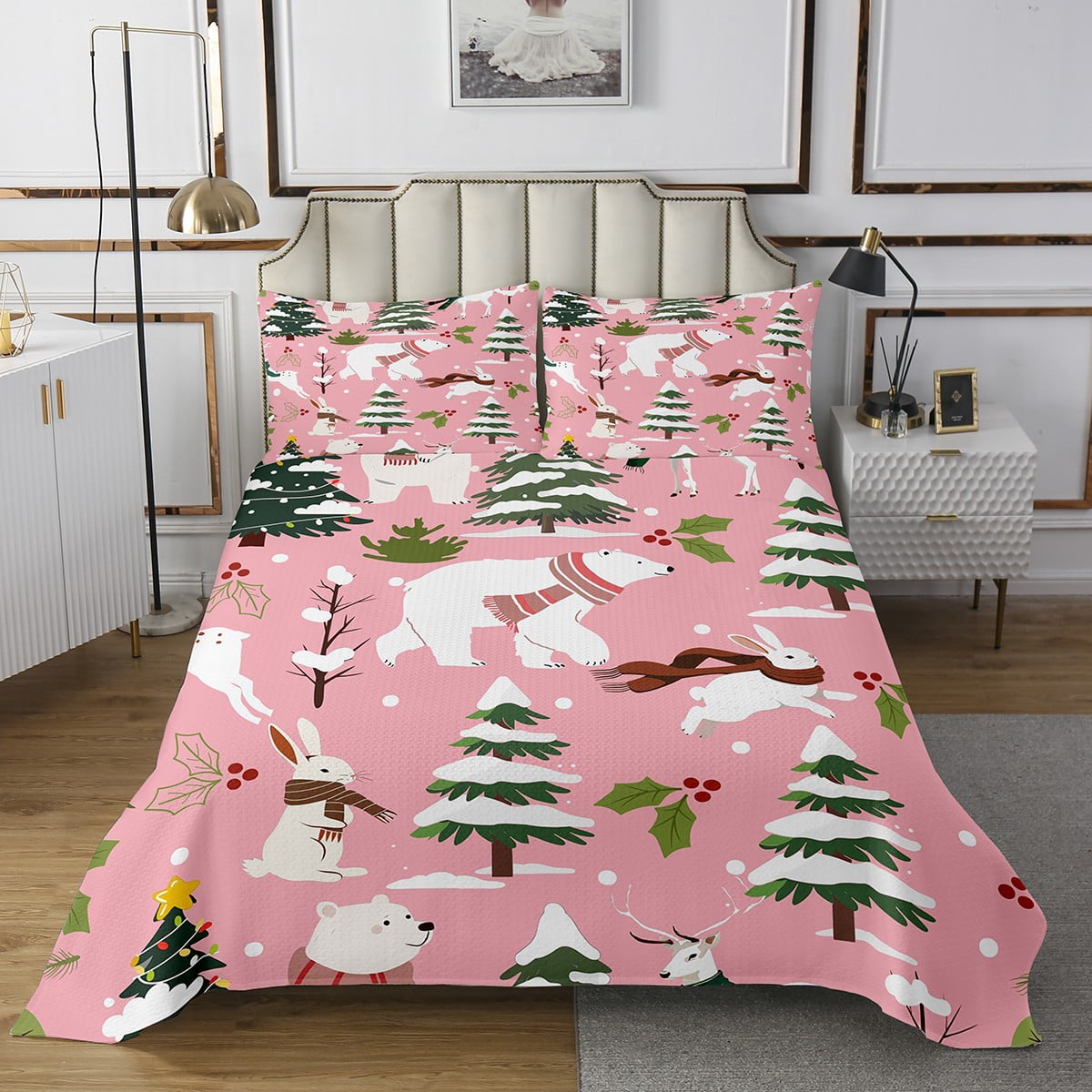 YST Pink Christmas Queen Bedding Set,Cute Polar Bear Deer Rabbit ...