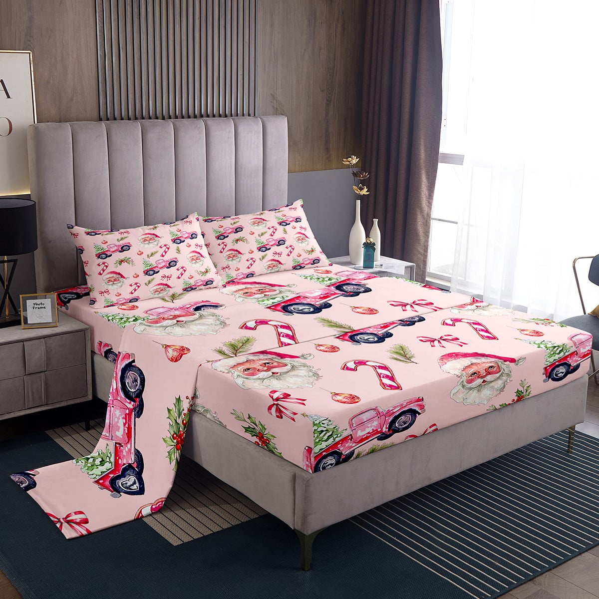 YST Pink Christmas Sheet Set Winter Christmas Tree Bed Sheets Set ...