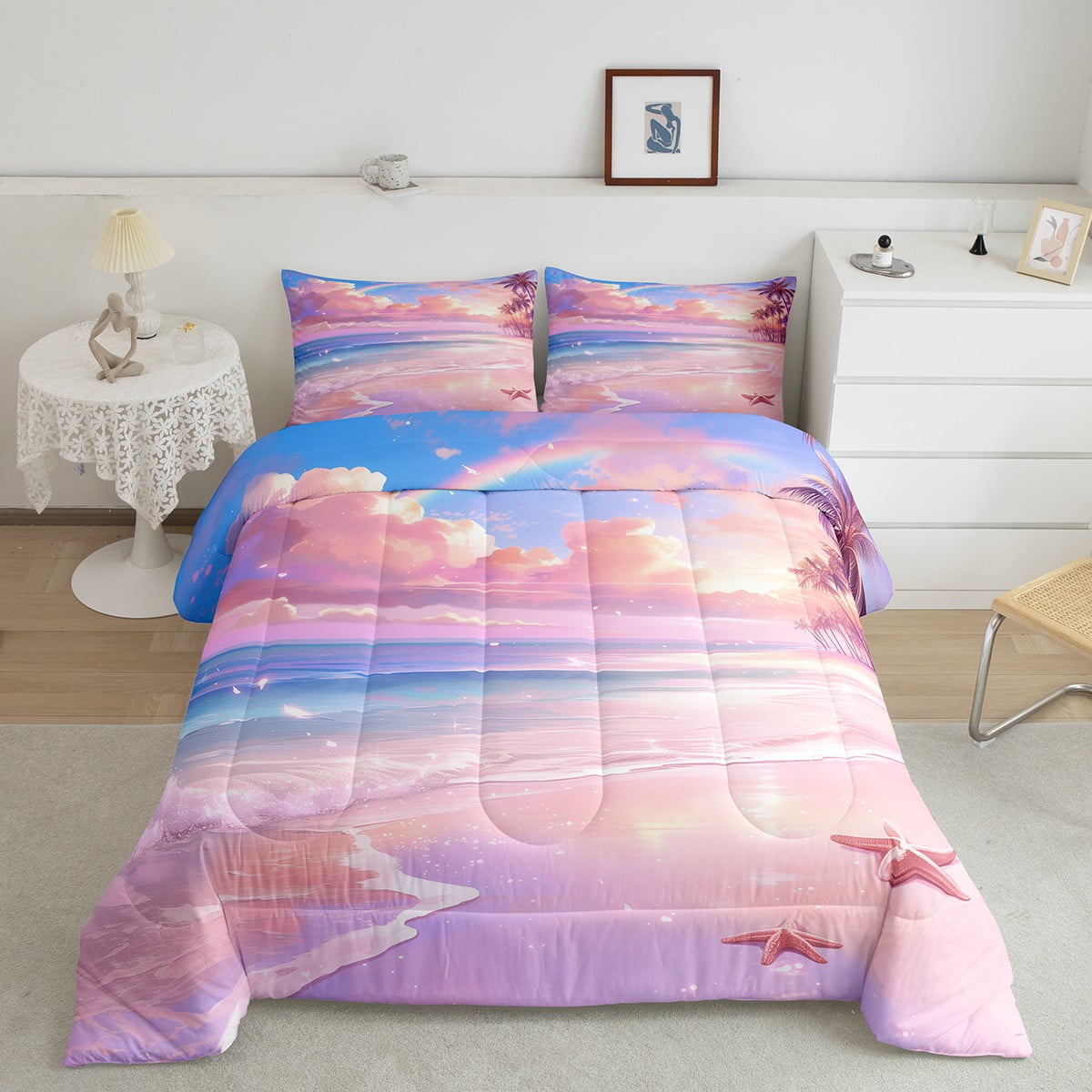 Pink Coastal Beach Comforter Set Teens,Glitter Sea Starfish Bedding Set ...