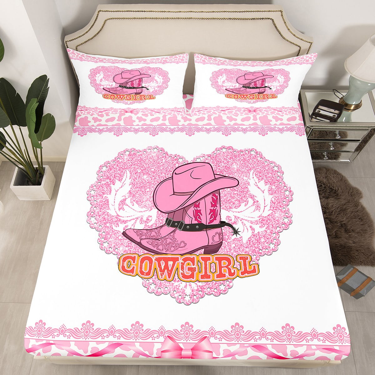 Erosebridal Pink Cow Fitted Sheet Western Decor Bedding Set Teens Pink ...