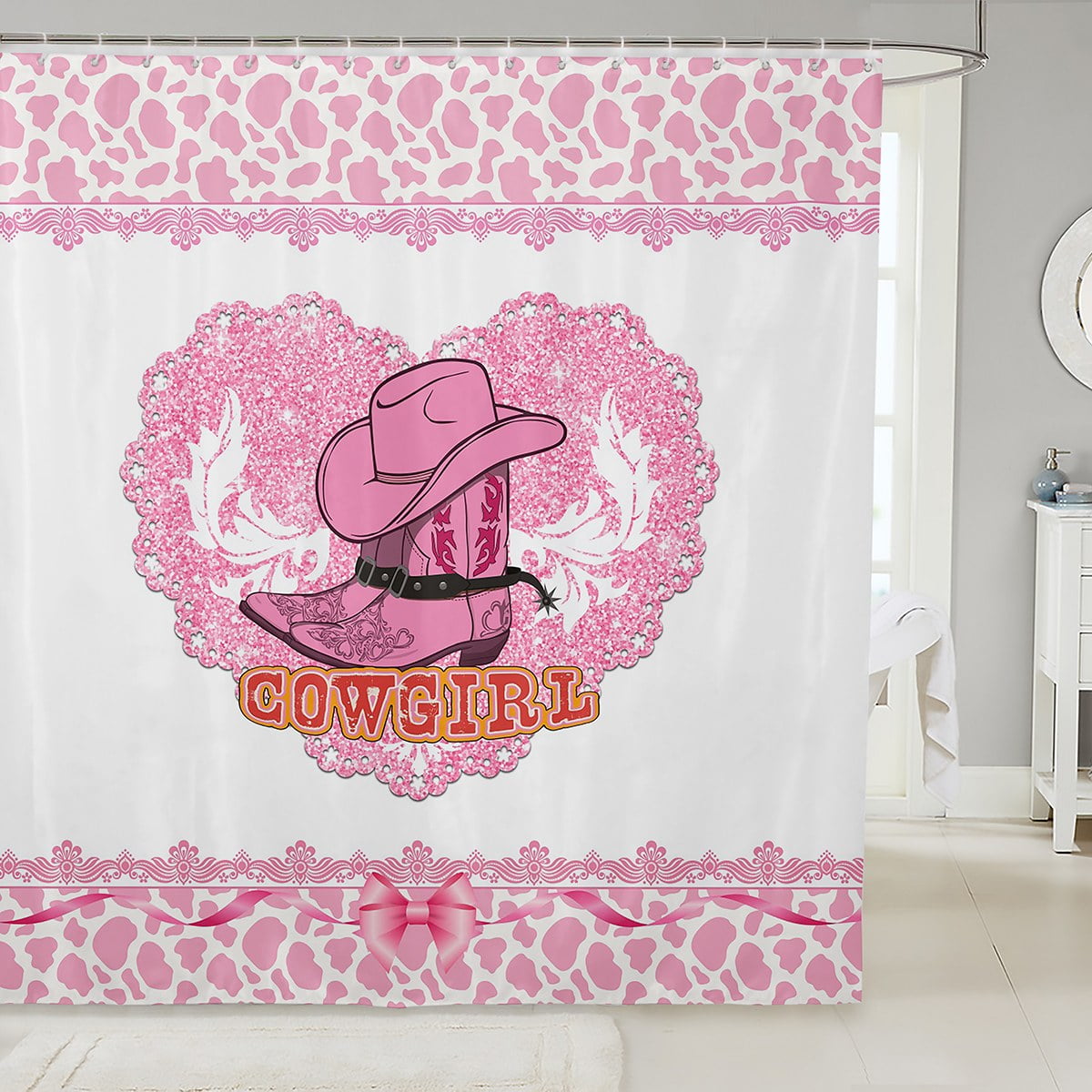 Pink Cow Shower Curtain Western Decor Fabric Shower Curtain White Cow ...