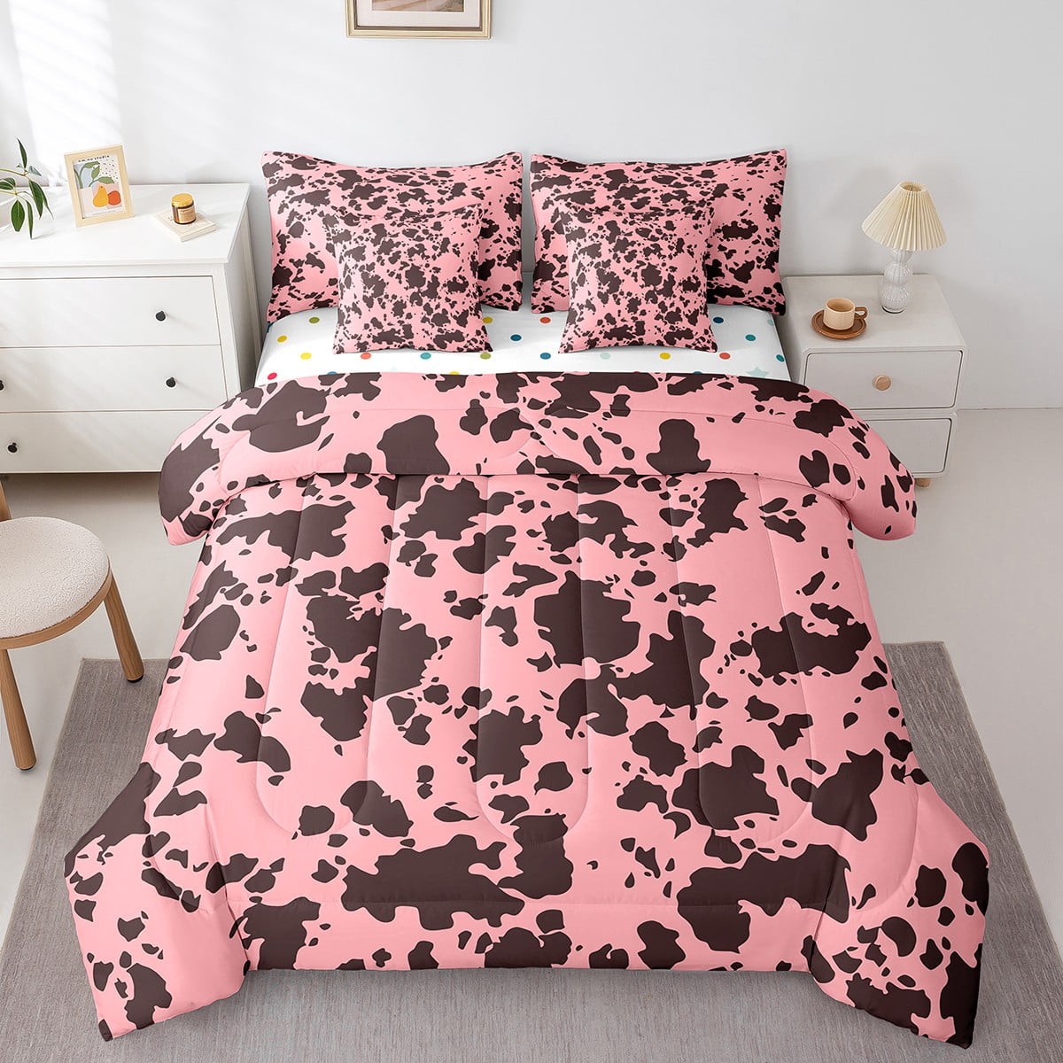 Pink Cow Print Bed in a Bag Full for Kids Girls Teens Adults,Cartoon ...