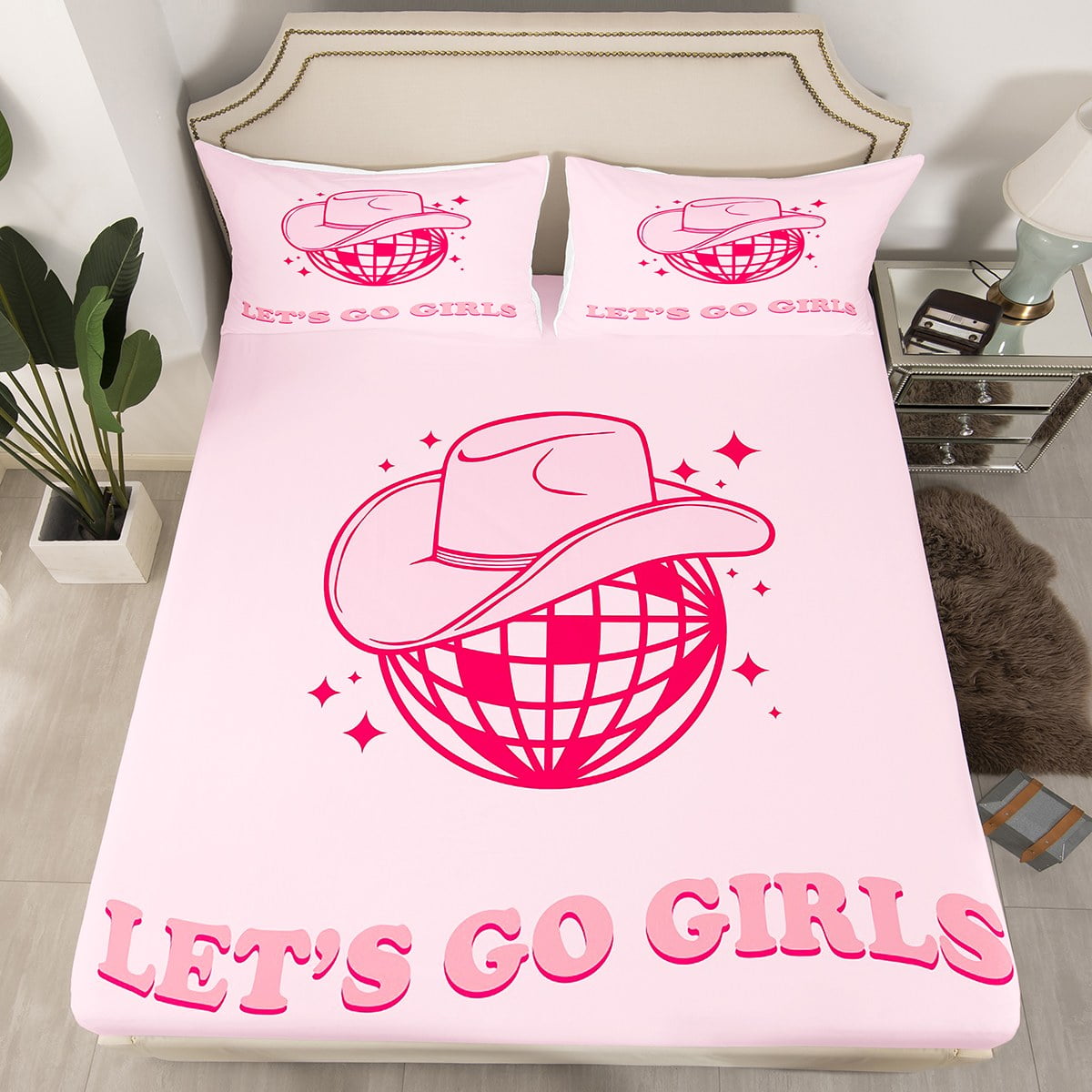 YST Pink Cowgirl Bed Set Retro Pink Preppy Western Howdy Cowgirl Fitted Sheet for Kids Boys Lamp ...