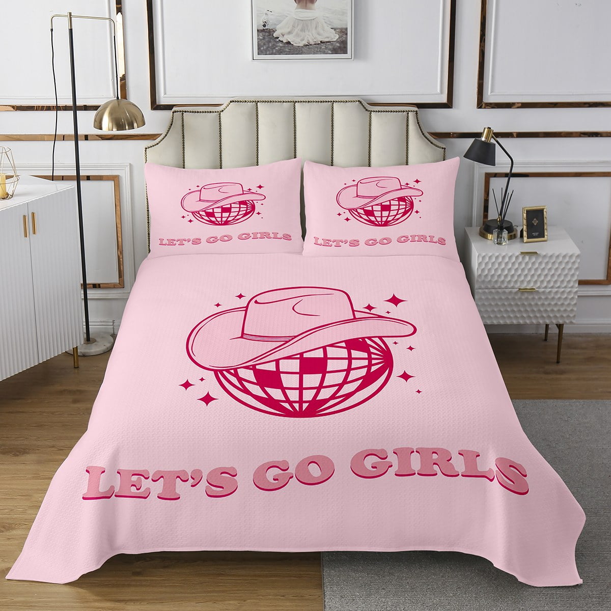 Pink Cowgirl Bedspread Set Retro Pink Preppy Western Howdy Cowgirl Quilt Set Lamp Ball Coverlet ...