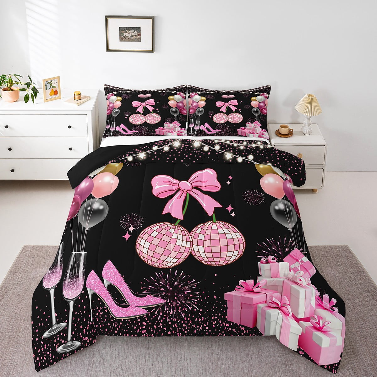 Pink Cowgirl Quilt,Kawaii Pink Bow Tie Bedding Set King Size Bedroom Decor,Cute Cherry Starry ...