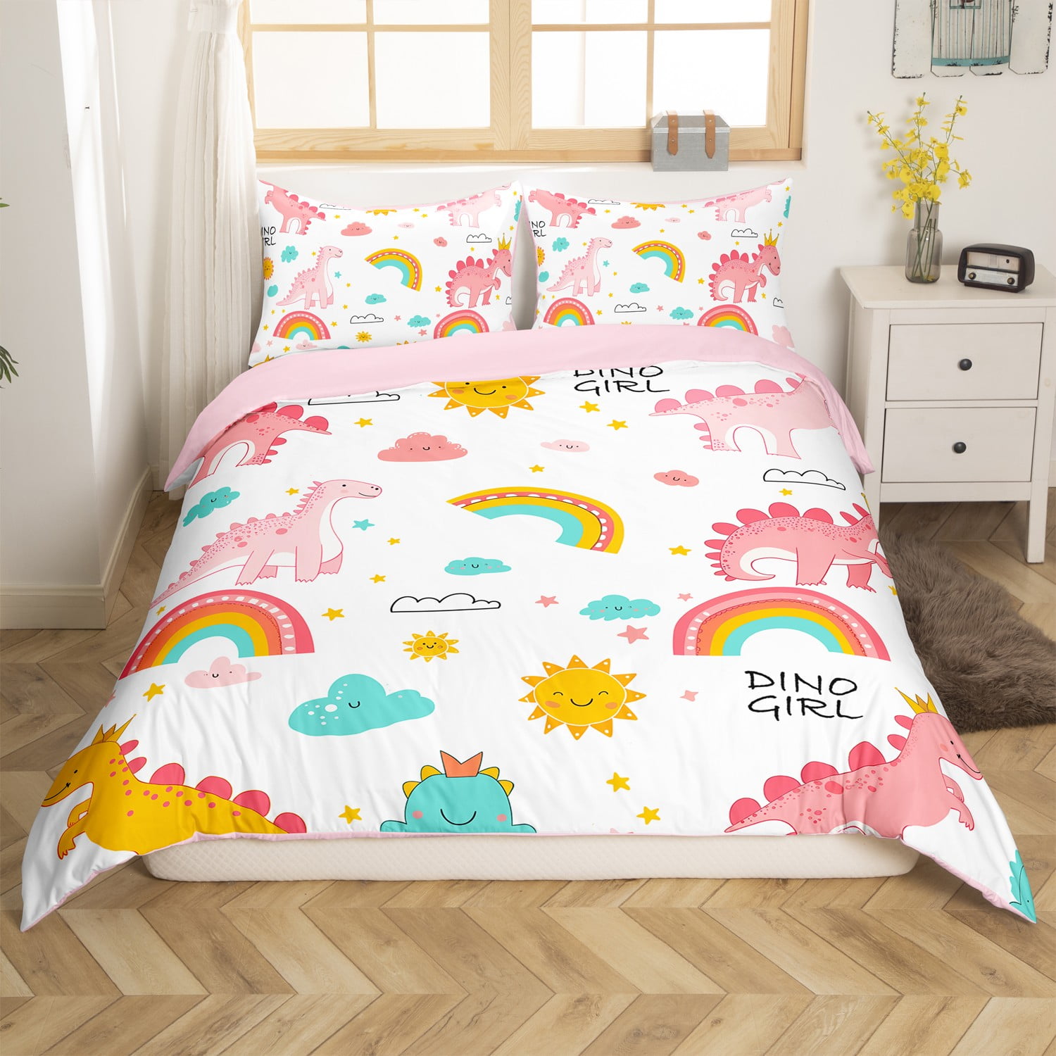 YST Pink Dinosaur Toddler Bedding Sets For Girls Boho Rainbow Sun ...