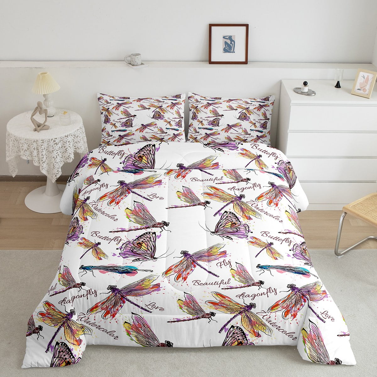 YST Pink Dragonfly Bedding Set Queen Watercolor Butterfly Comforter Set ...