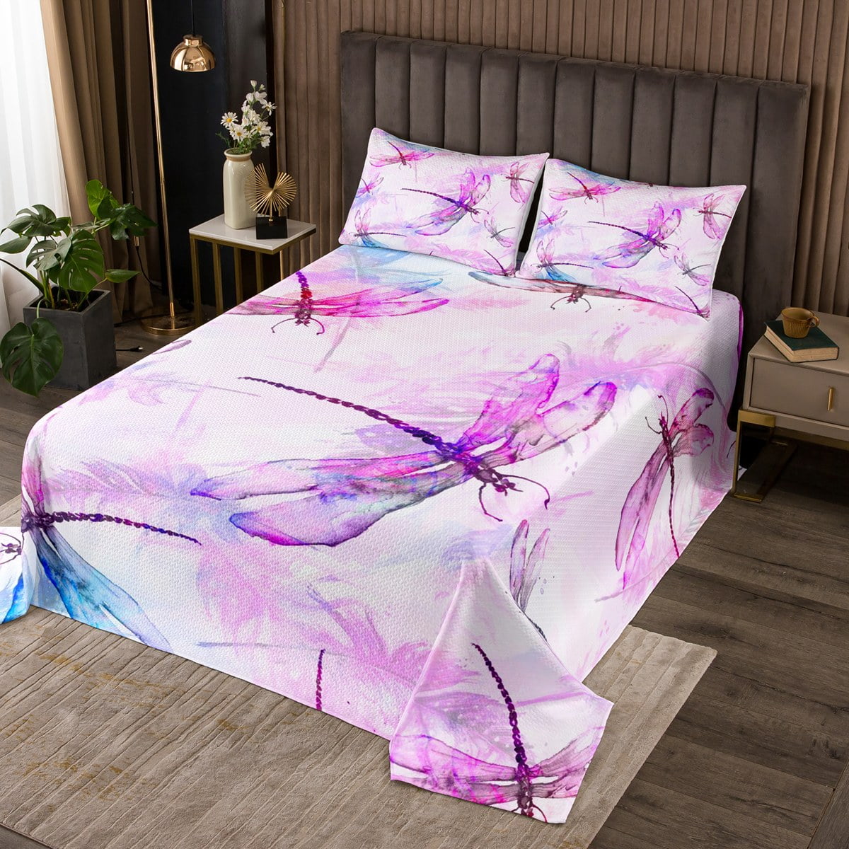 YST Pink Dragonfly Bedspread Queen Size Girly Pastel Watercolor Quilt ...