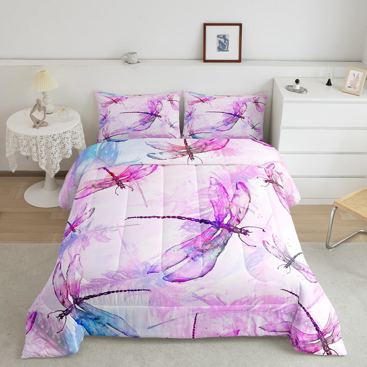 YST Pink Dragonfly Comforter Set Queen Girly Pastel Watercolor Bedding ...