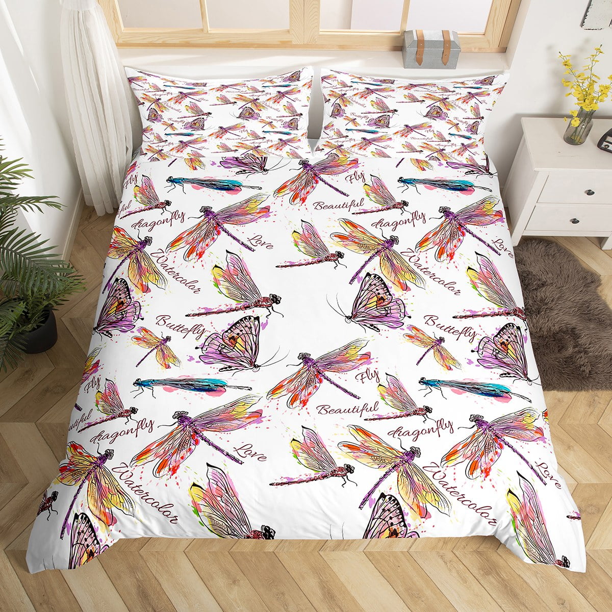 YST Pink Dragonfly Duvet Cover Full Watercolor Butterfly Bedding Set ...