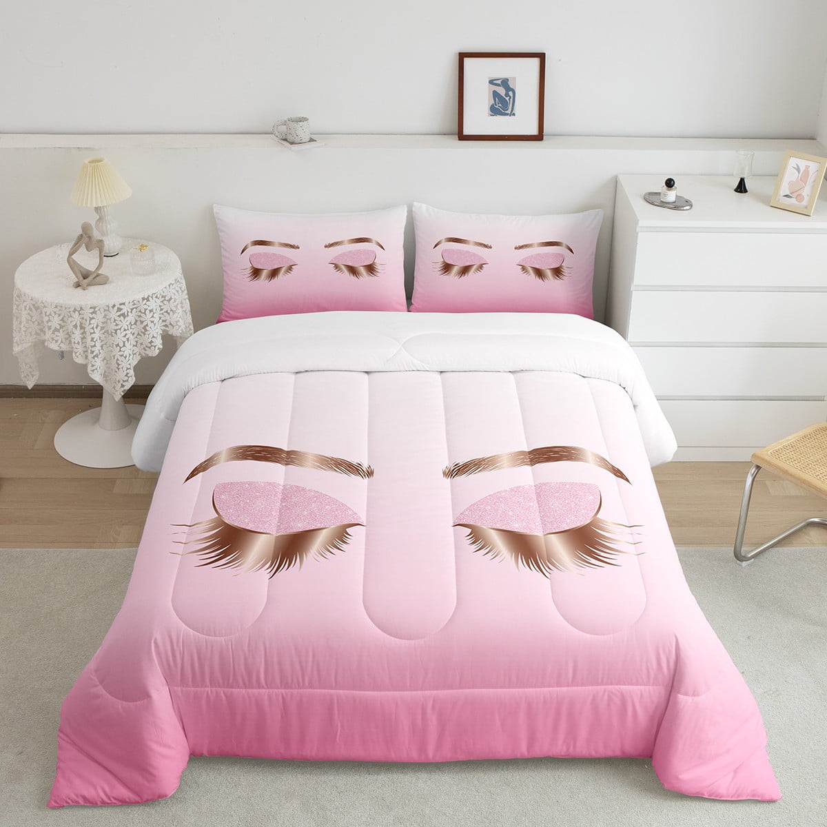 YST Pink Eyelash Bed Comforter Set Girly Golden Eyelash Comforter Full ...