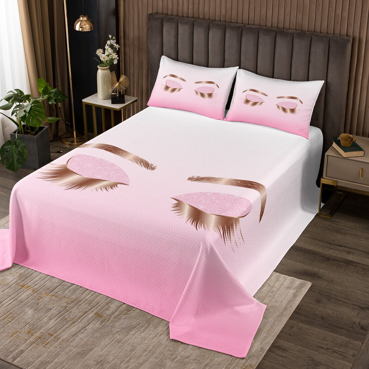 YST Pink Eyelash Quilt Set Girly Golden Eyelash Bedspread Set Queen ...